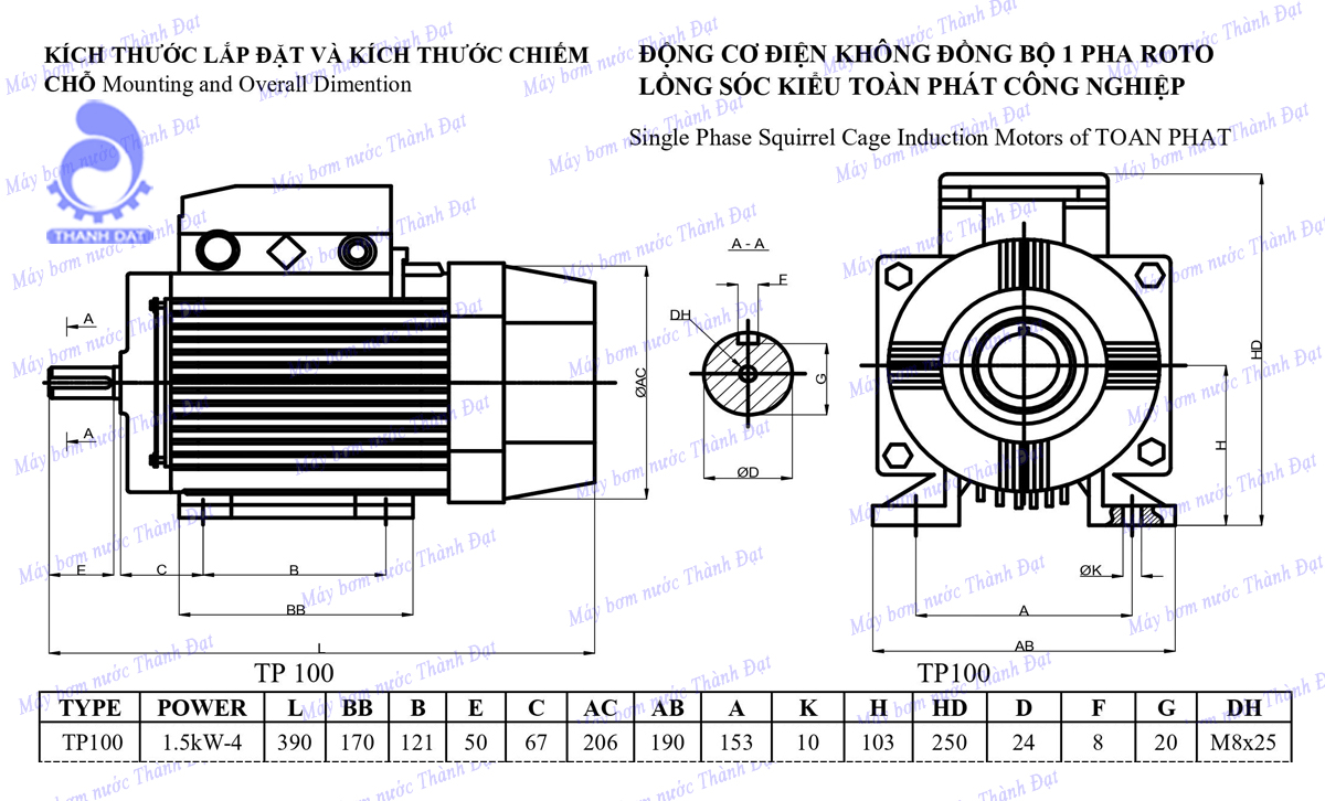 Motor Toàn Phát 1 pha công nghiệp TP100-4 2HP 1.5KW